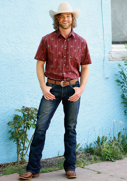 Tin Haul Mens Arrow Aztec Stripe Wine 100% Cotton S/S Shirt – The Western Company