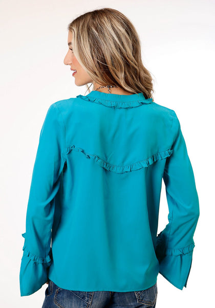 Roper Womens Dark Turquoise Ruffle Blue Polyester L/S Blouse – The ...