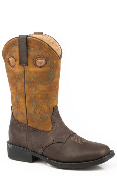 Roper Youth Unisex Daniel Dark Brown/Tan Faux Leather Cowboy Boots ...
