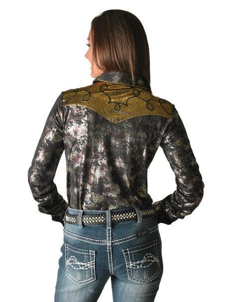 Cowgirl Tuff Womens Western Metallic Black/Gold Polyester L/S Shirt ...