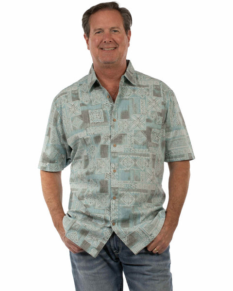 Scully Mens Herringbone Hawaiian Islander Aqua 100% Cotton S/S Shirt ...