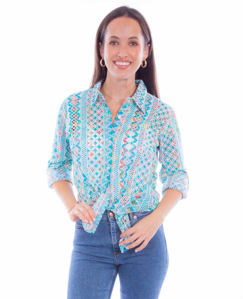 Scully Womens Eyelet Button Turquoise 100% Cotton L/S Blouse – The ...