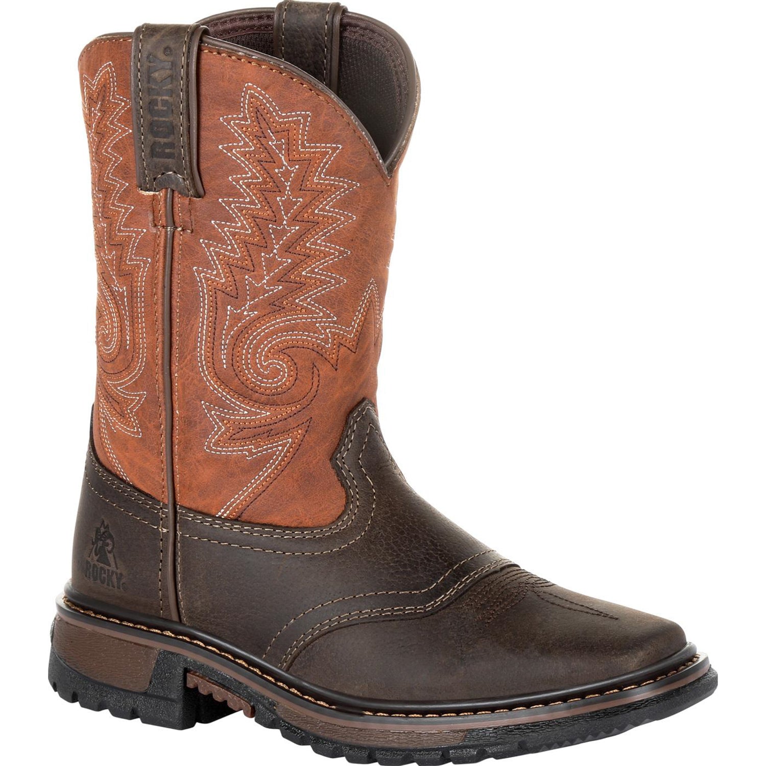 Rocky Youth Boys Chocolate/Orange Leather Ride FLX Cowboy Boots 6 M ...