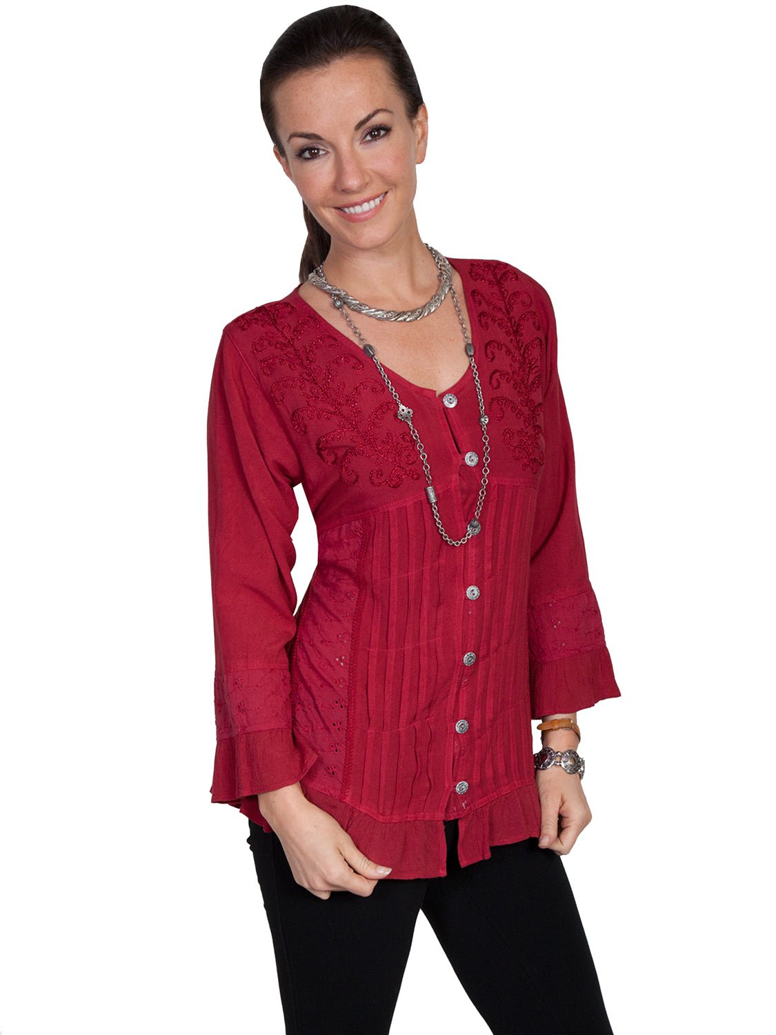 Scully Honey Creek Womens Burgundy 100% Rayon L/S Yoke Embroidered Blo – The Western Company