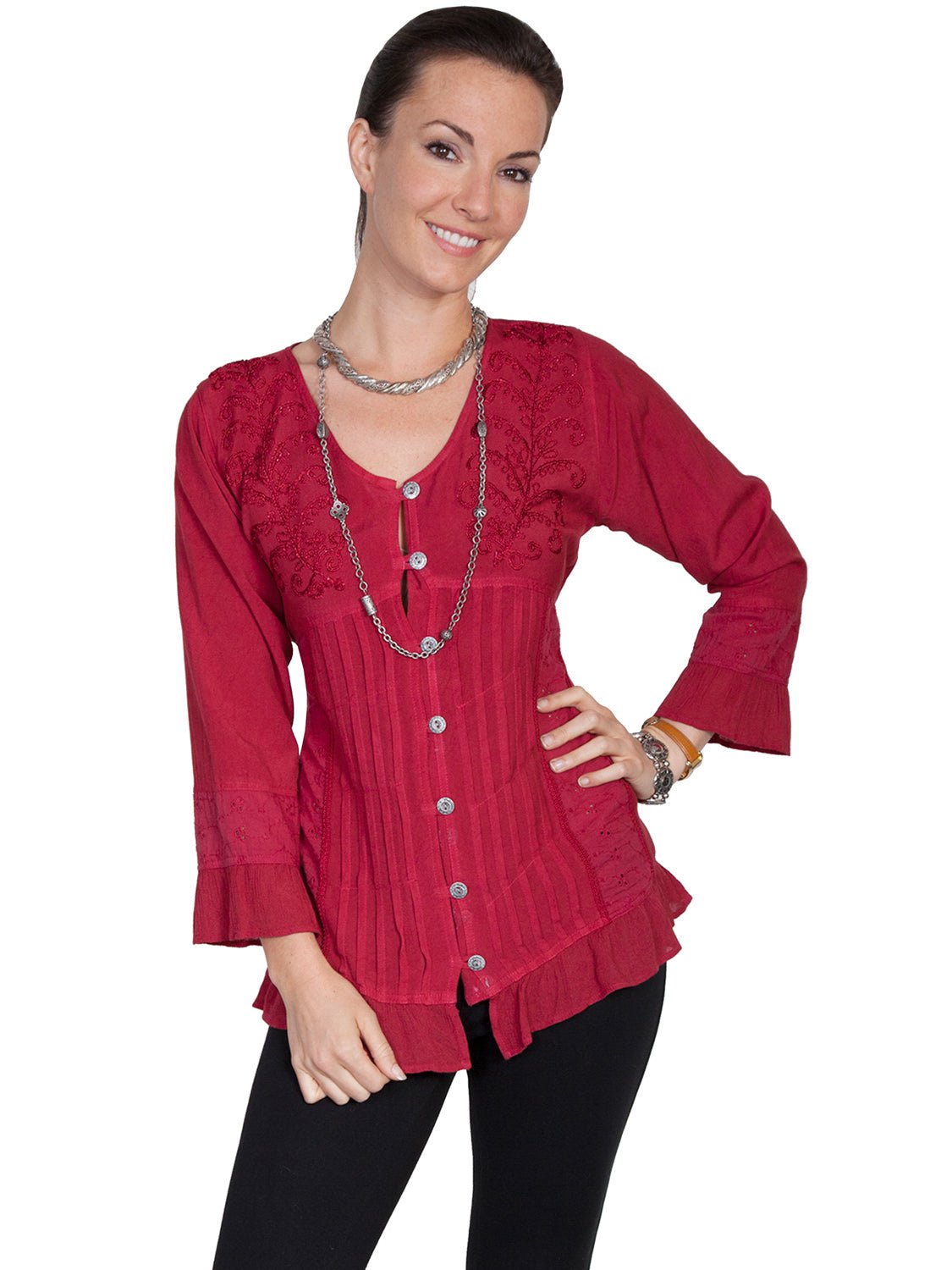 Scully Honey Creek Womens Burgundy 100% Rayon L/S Yoke Embroidered Blo – The Western Company